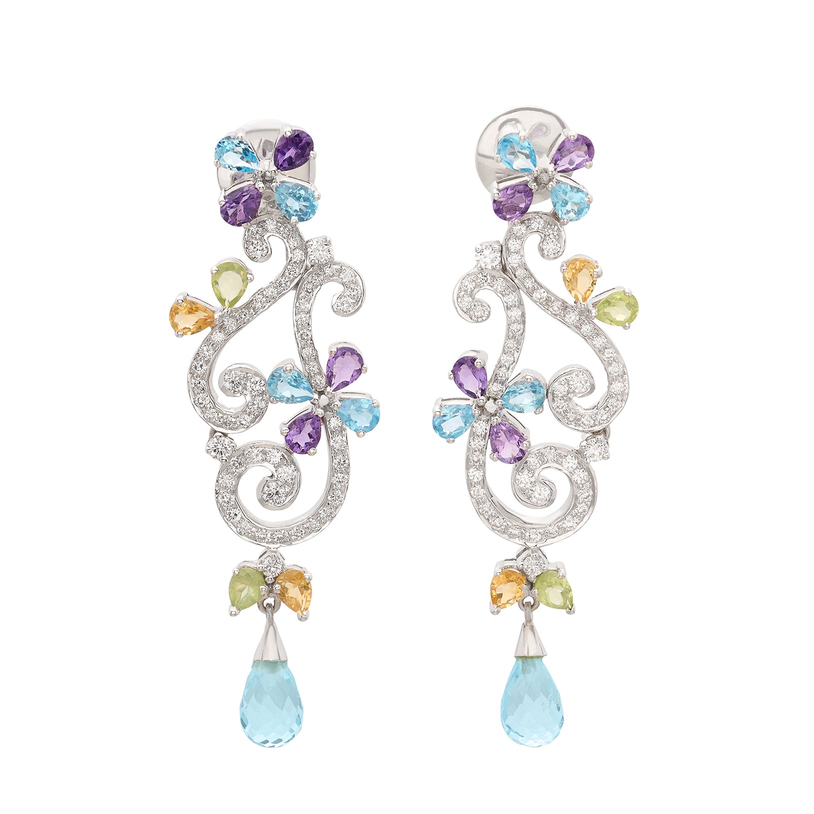 18kt White Gold Diamond & Multi-Colored Stone Drop Earrings - 66mint ...