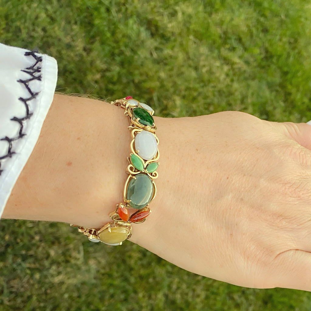 Vintage Multi-Color Jade & 14k Gold Bracelet - 66mint Fine Estate Jewelry