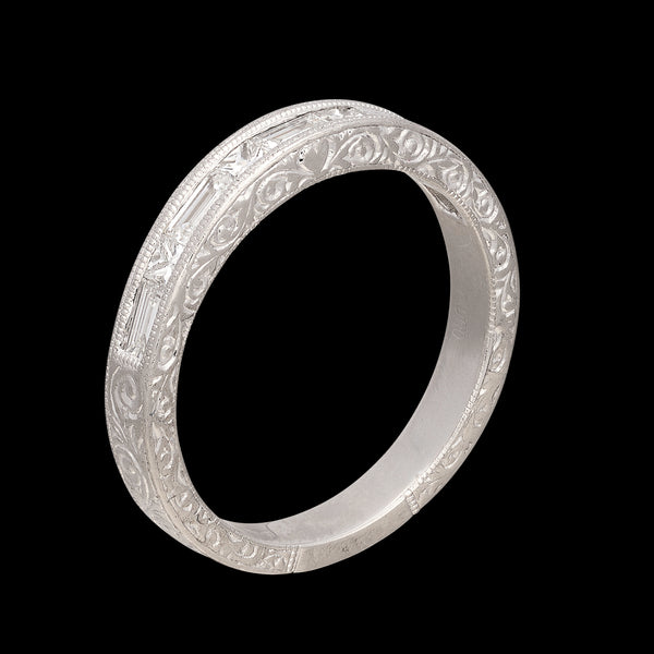 Diamond and Platinum Engraved Stacking Bands - 66mint Fine Estate Jewelry