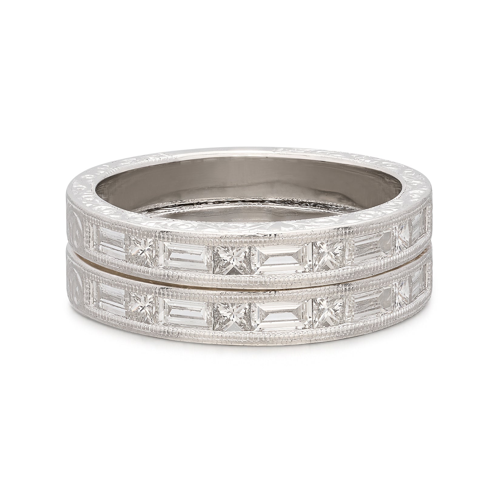 Diamond and Platinum Engraved Stacking Bands - 66mint Fine Estate Jewelry